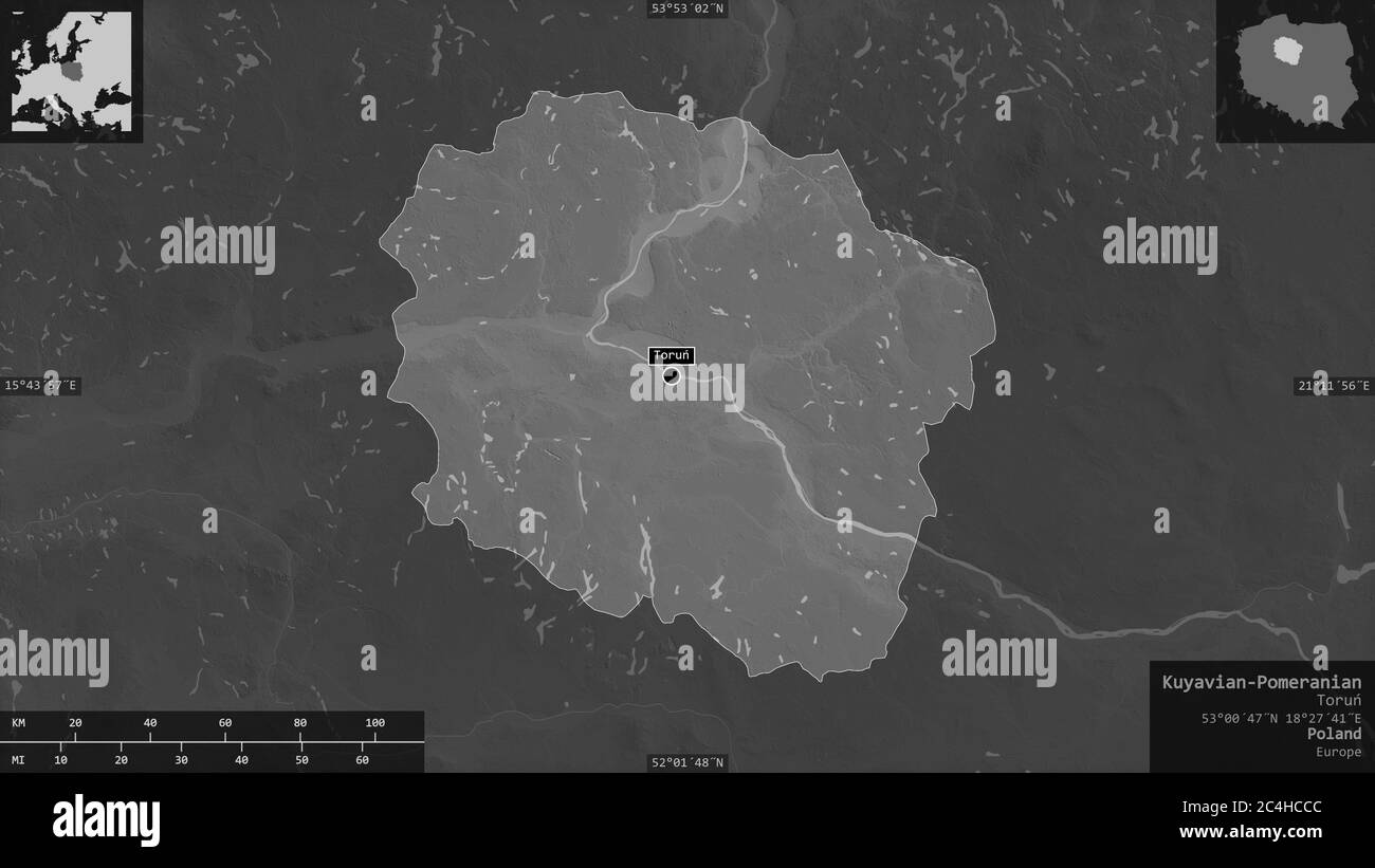 Kuyavian-Pomeranian, voivodeship of Poland. Grayscaled map with lakes and rivers. Shape ...