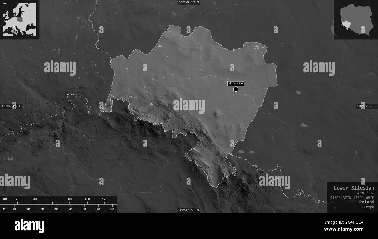 Lower Silesian, voivodeship of Poland. Grayscaled map with lakes and rivers. Shape presented ...
