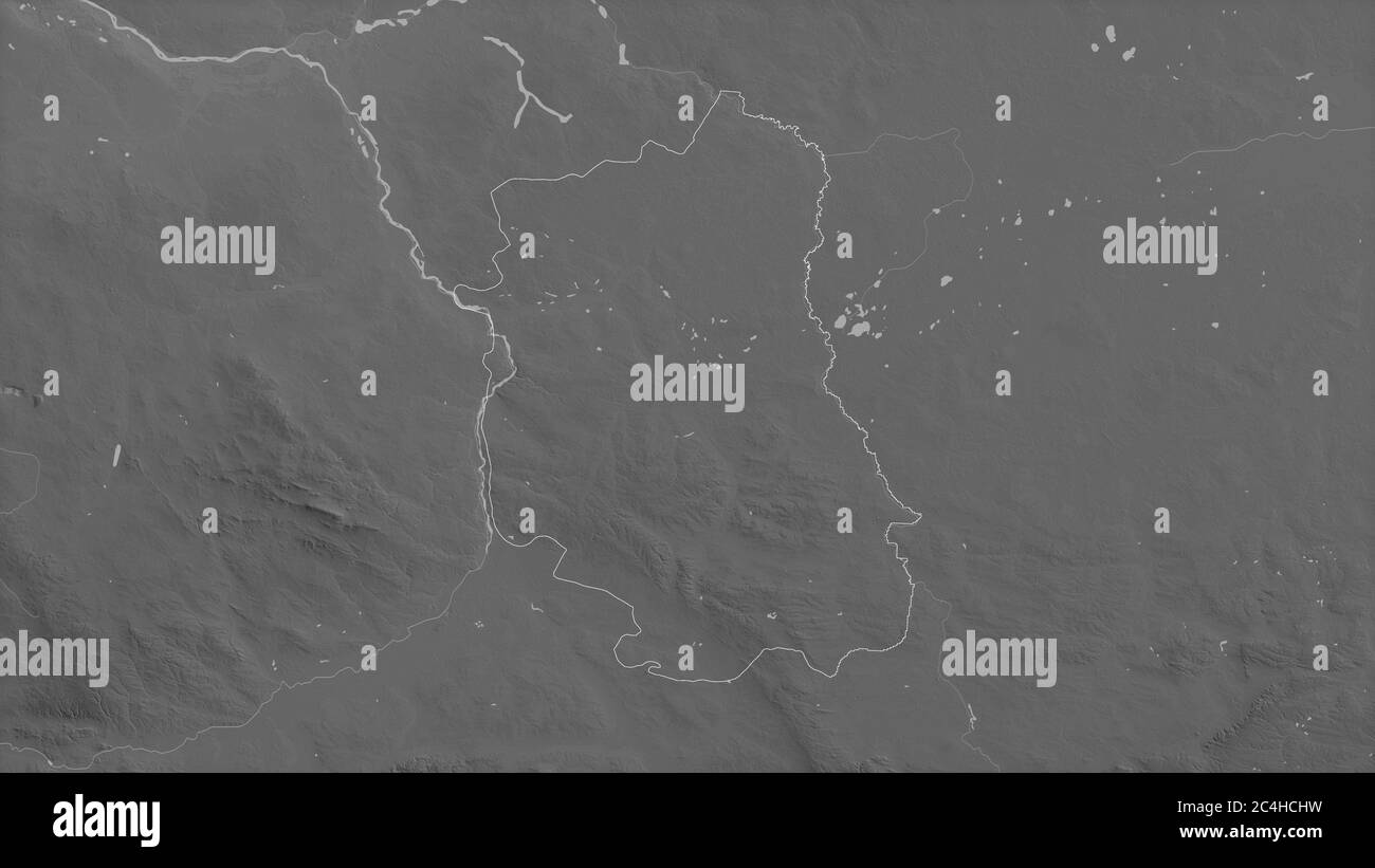 Lublin, voivodeship of Poland. Grayscaled map with lakes and rivers. Shape outlined against its ...