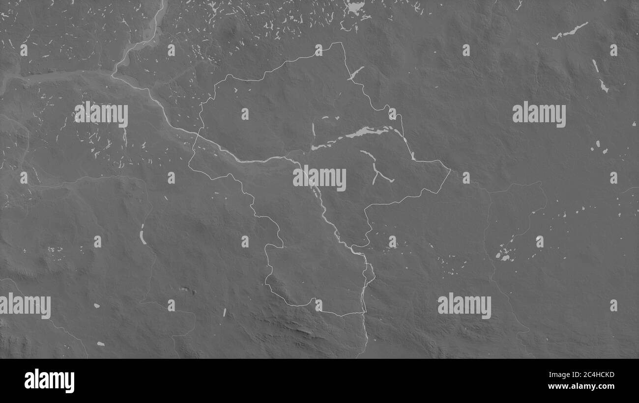 Masovian, voivodeship of Poland. Grayscaled map with lakes and rivers. Shape outlined against ...