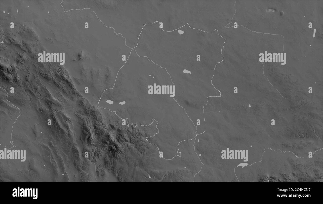 Opole, voivodeship of Poland. Grayscaled map with lakes and rivers. Shape outlined against its ...
