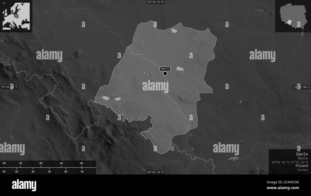 Opole, voivodeship of Poland. Grayscaled map with lakes and rivers. Shape presented against its ...