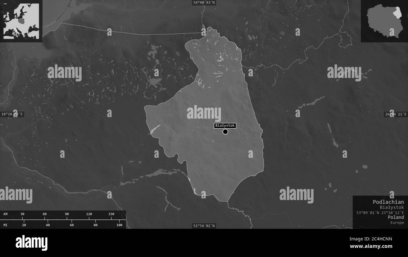 Podlachian, voivodeship of Poland. Grayscaled map with lakes and rivers. Shape presented against ...