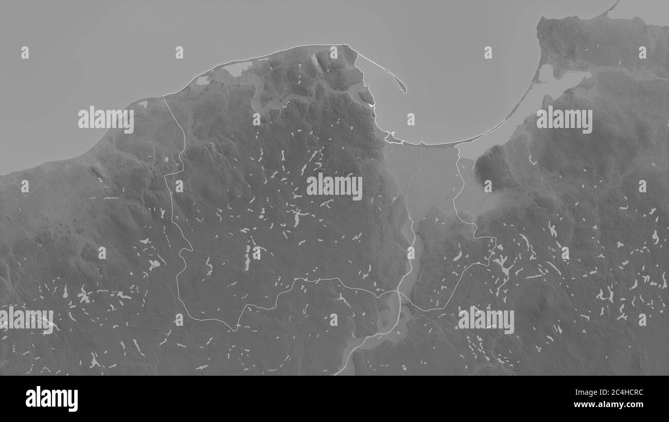 Pomeranian, voivodeship of Poland. Grayscaled map with lakes and rivers. Shape outlined against ...