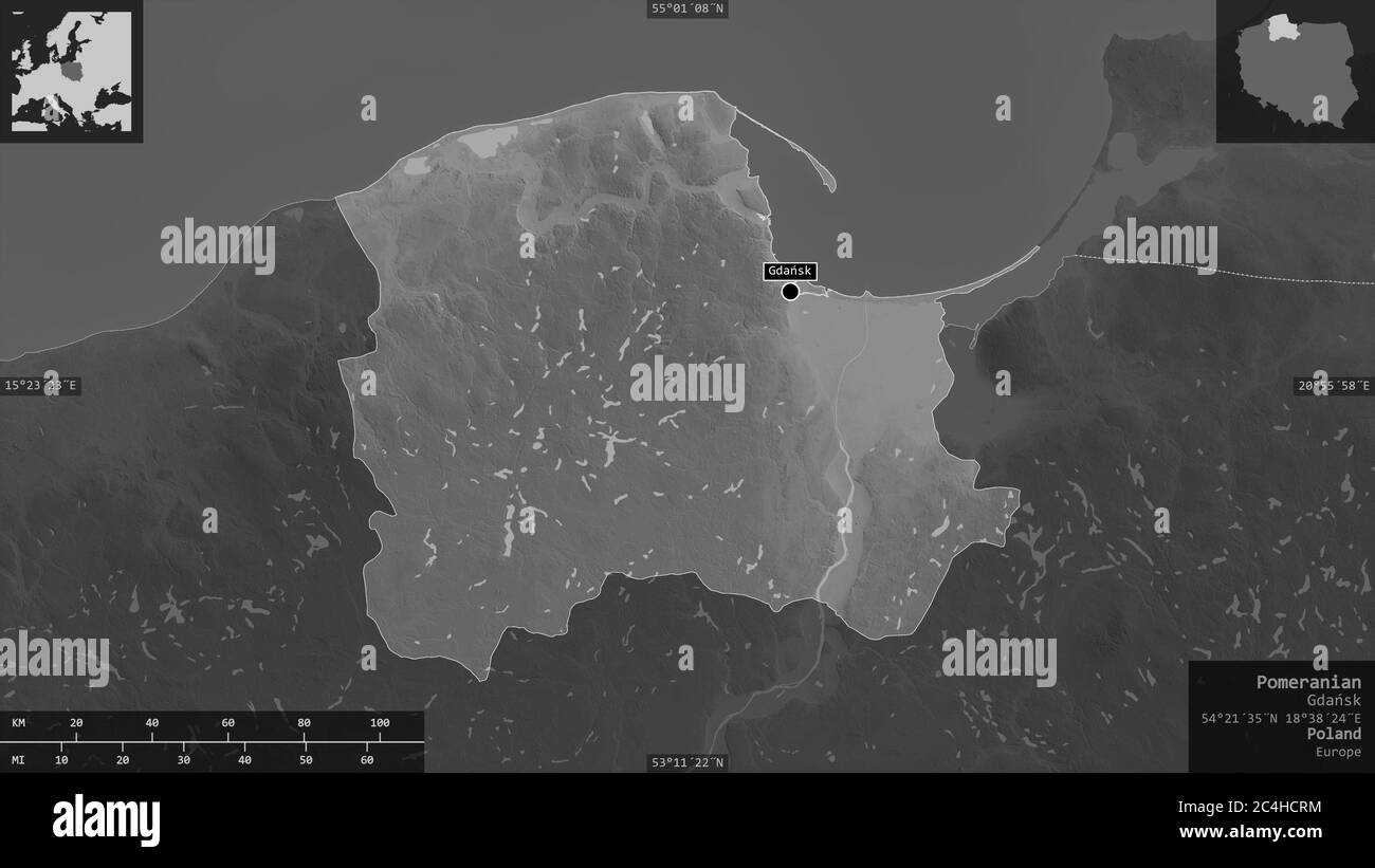 Pomeranian, voivodeship of Poland. Grayscaled map with lakes and rivers. Shape presented against ...
