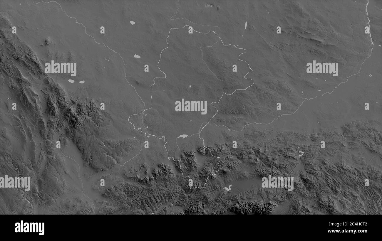 Silesian, voivodeship of Poland. Grayscaled map with lakes and rivers. Shape outlined against ...