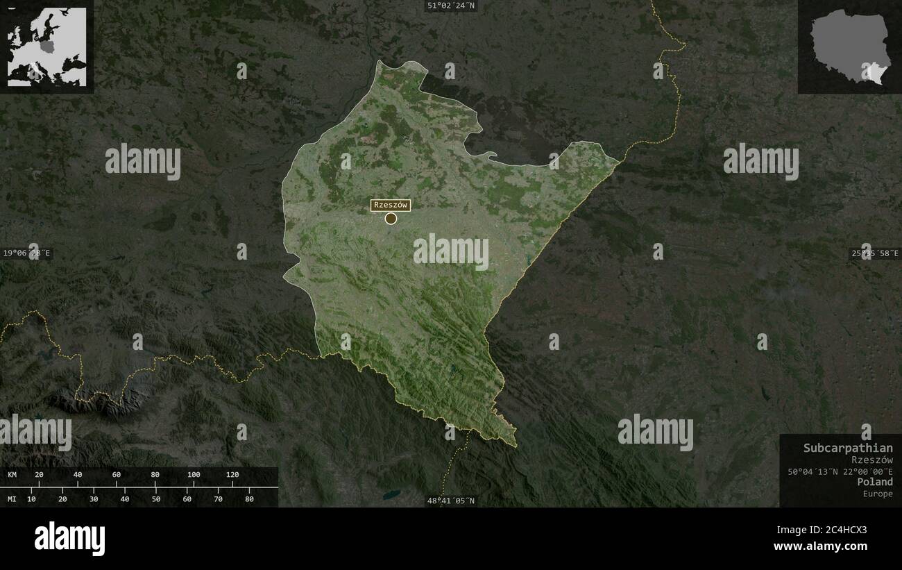 Subcarpathian, voivodeship of Poland. Satellite imagery. Shape ...
