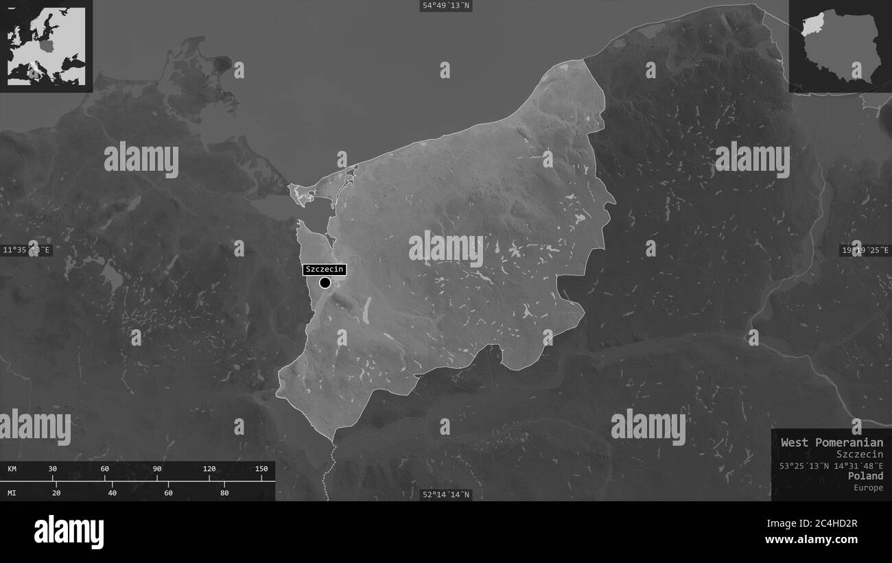 West Pomeranian, voivodeship of Poland. Grayscaled map with lakes and rivers. Shape presented ...