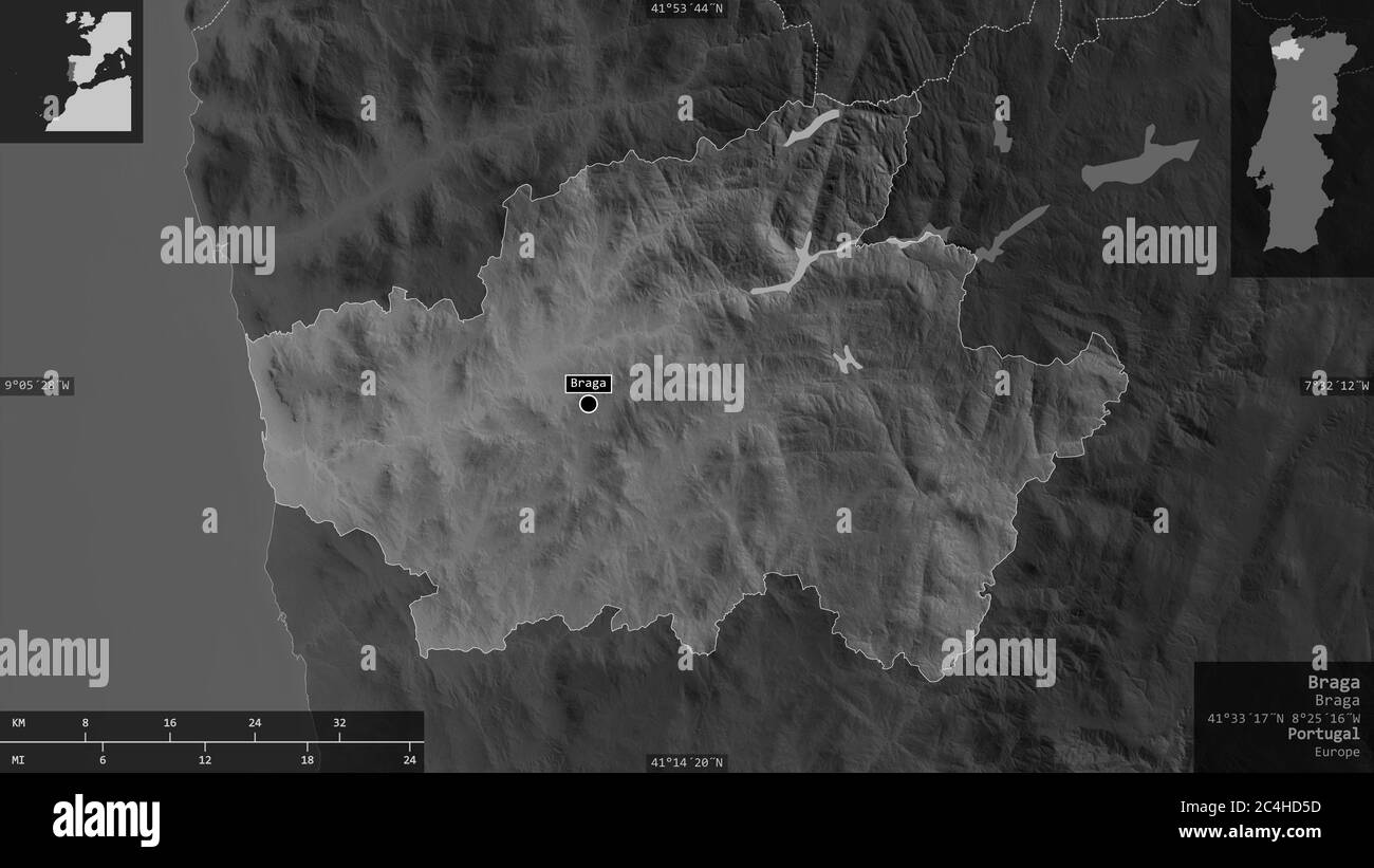Braga, district of Portugal. Grayscaled map with lakes and rivers ...