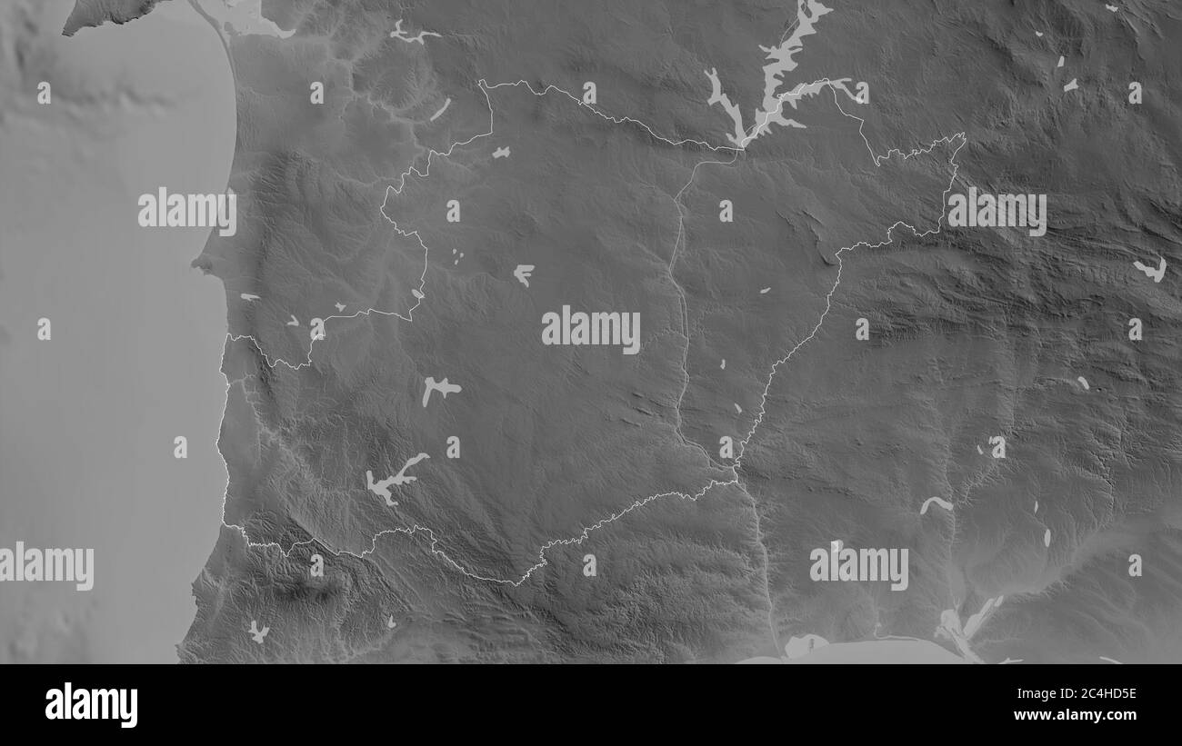 Beja, district of Portugal. Grayscaled map with lakes and rivers. Shape ...