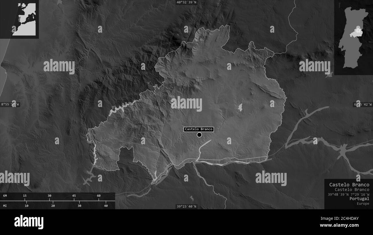 Castelo Branco, district of Portugal. Grayscaled map with lakes and ...