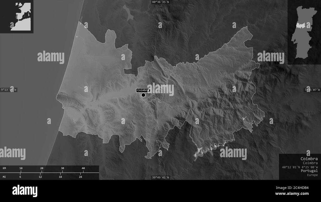 Coimbra, district of Portugal. Grayscaled map with lakes and rivers ...