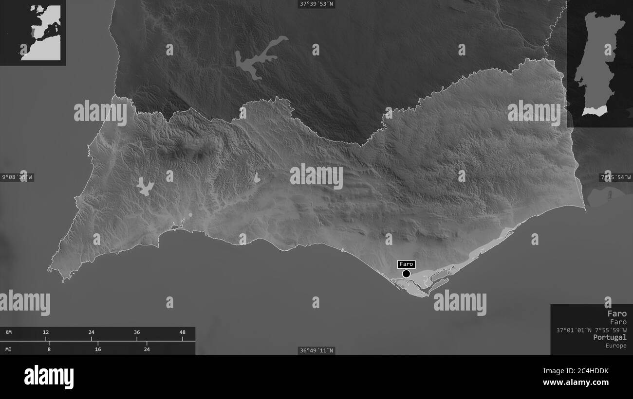 Faro, district of Portugal. Grayscaled map with lakes and rivers. Shape ...