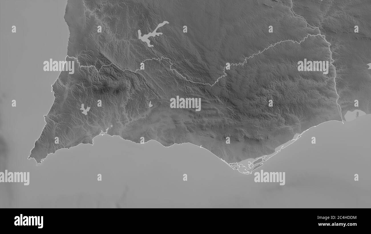 Faro, district of Portugal. Grayscaled map with lakes and rivers. Shape ...