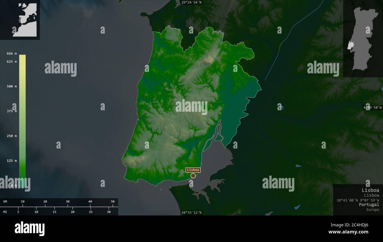 Lisboa, district of Portugal. Colored shader data with lakes and rivers ...