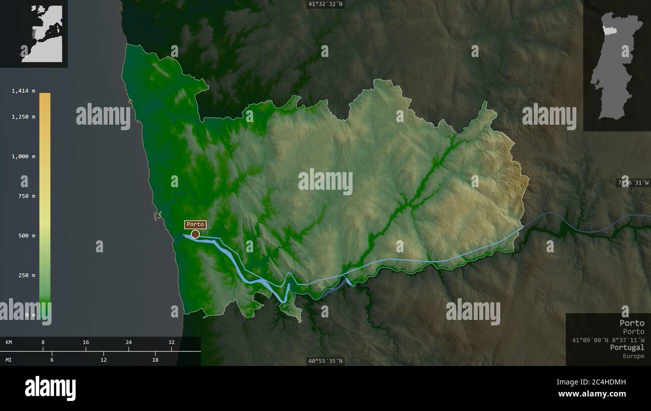 Porto, district of Portugal. Colored shader data with lakes and rivers ...