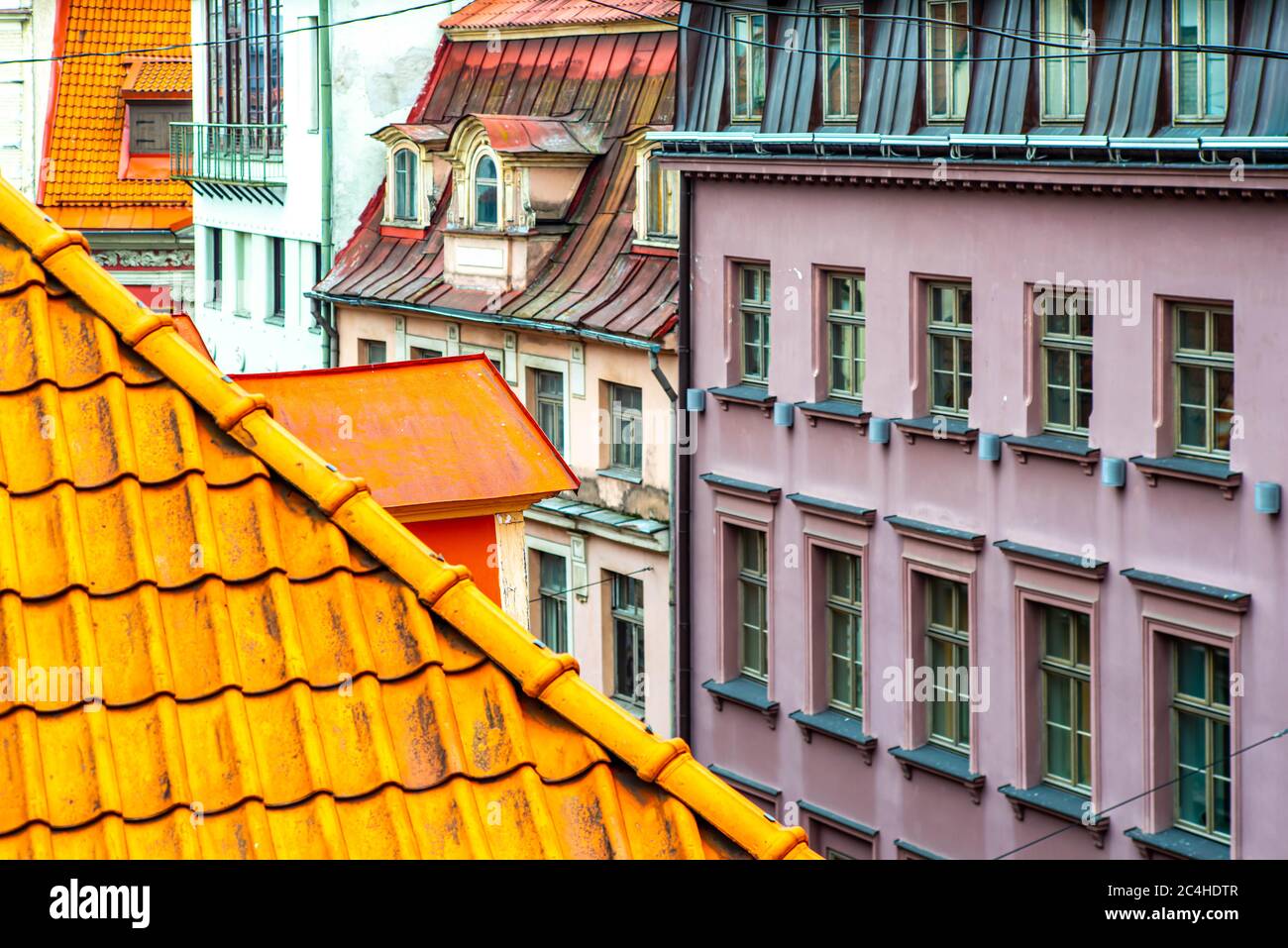 Traditional architecture of Old town of Riga, Latvia. Close-up of red ...