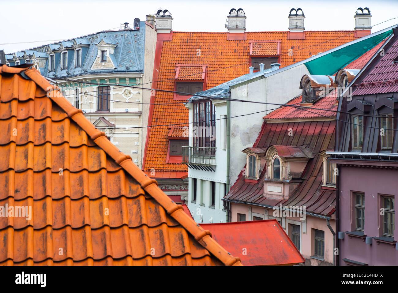 Traditional architecture of Old town of Riga, Latvia. Close-up of red ...