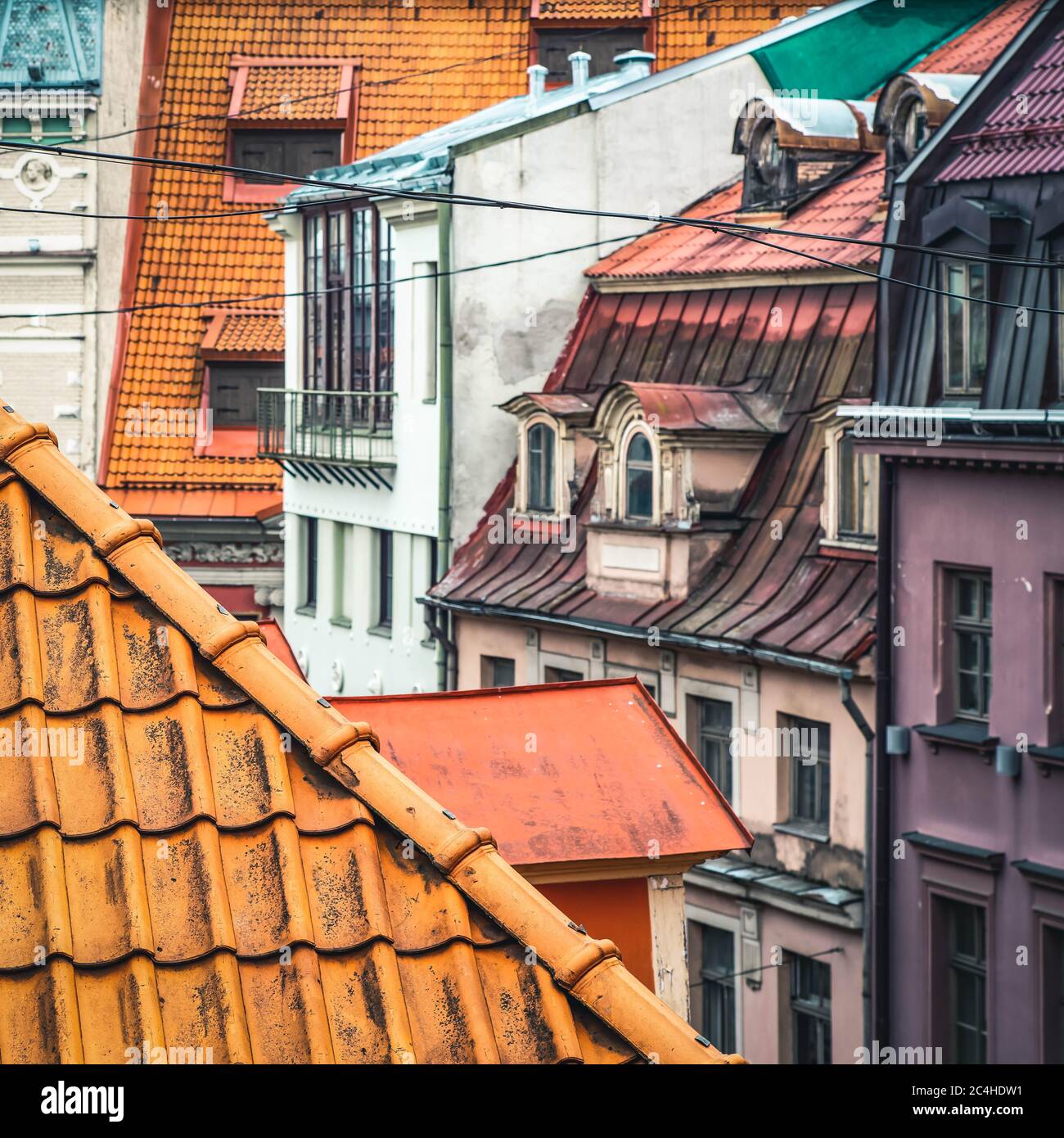 Traditional architecture of Old town of Riga, Latvia. Close-up of red ...
