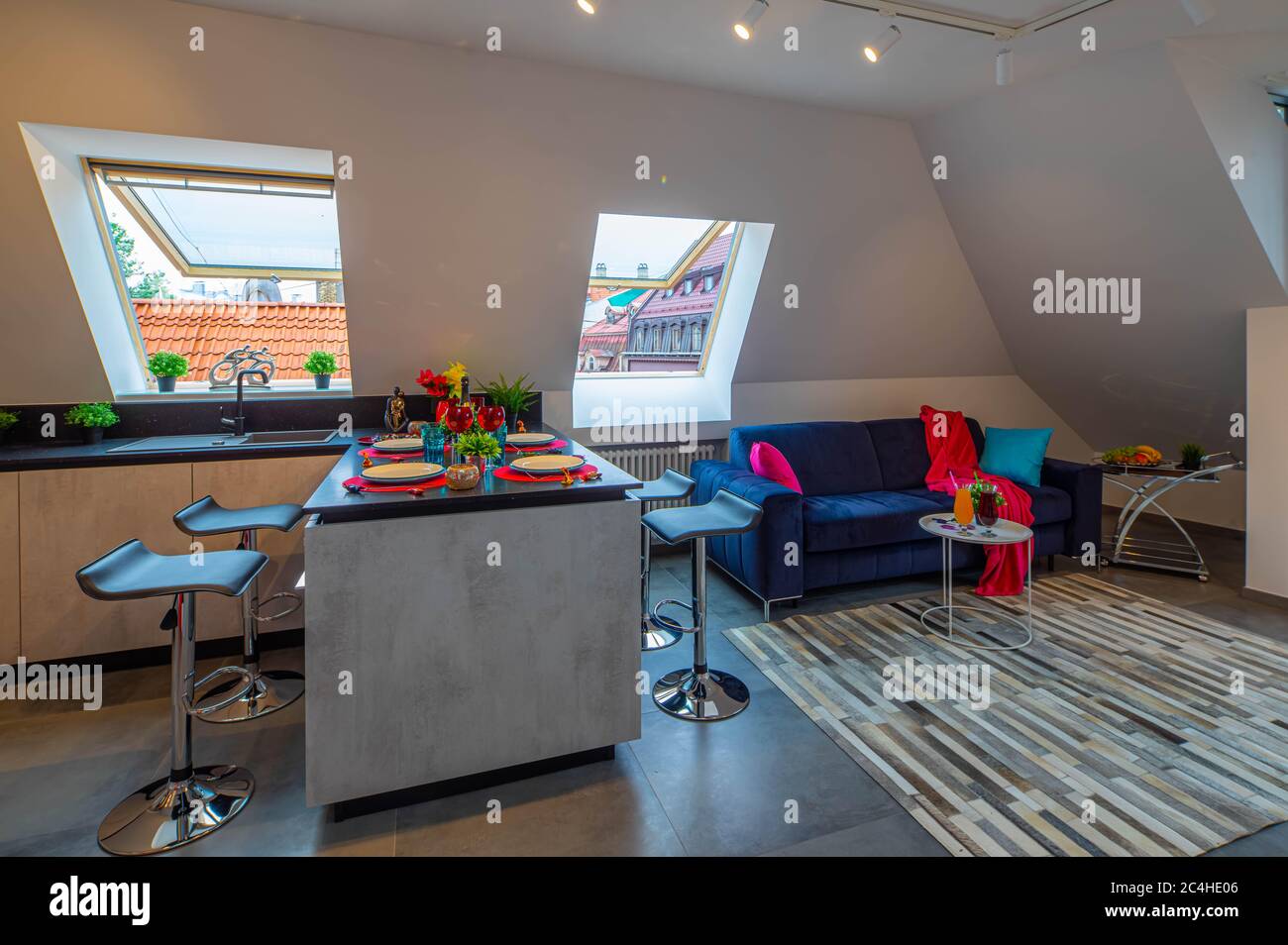 Modern loft interior of luxury studio apartment. Sloping ceiling with ...