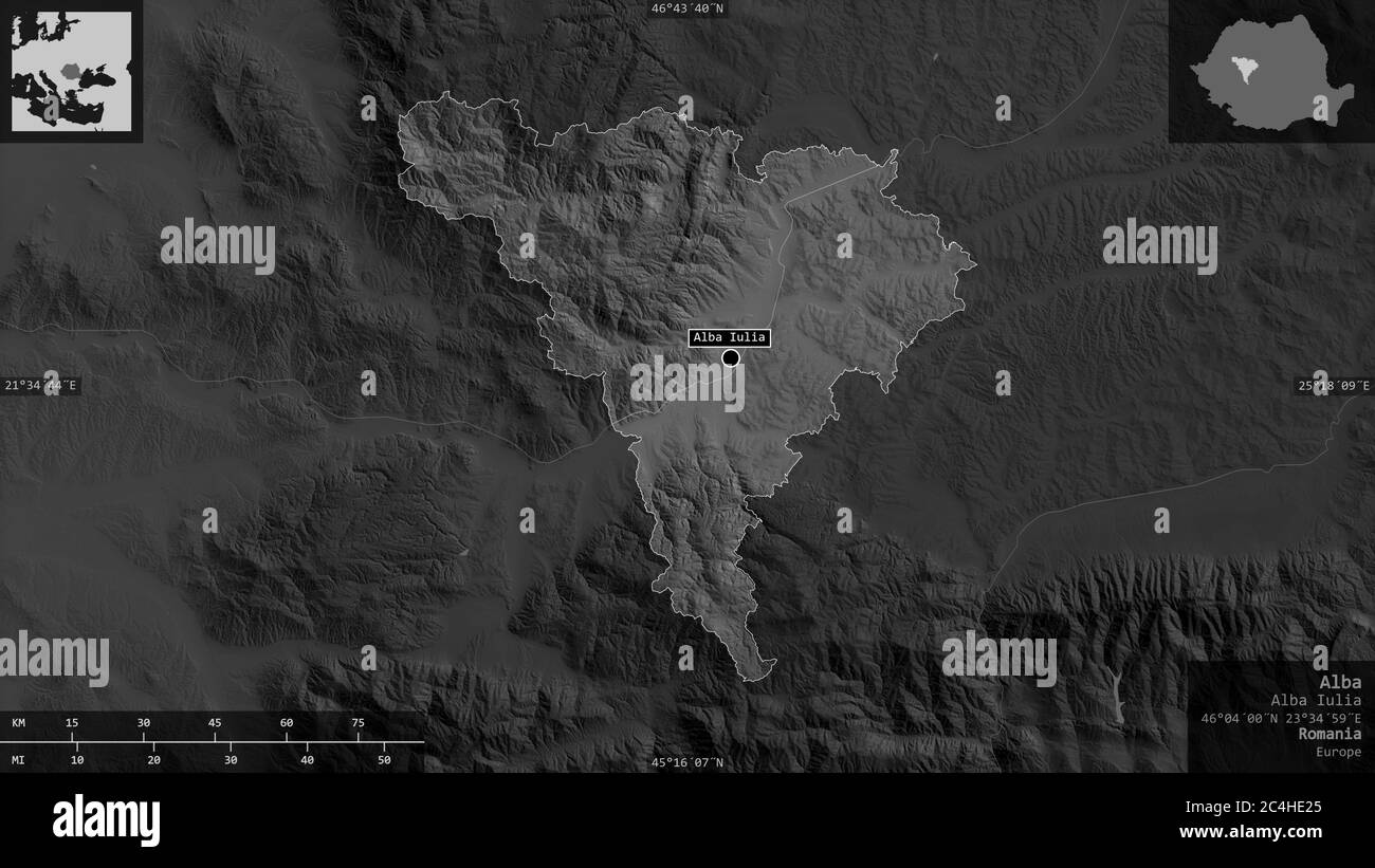 Alba, county of Romania. Grayscaled map with lakes and rivers. Shape ...
