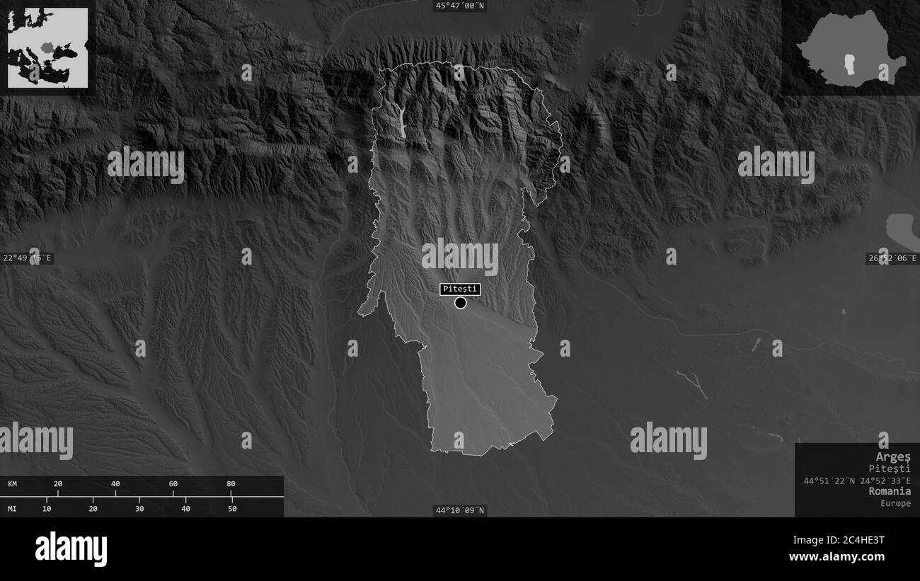 Argeș, county of Romania. Grayscaled map with lakes and rivers. Shape ...
