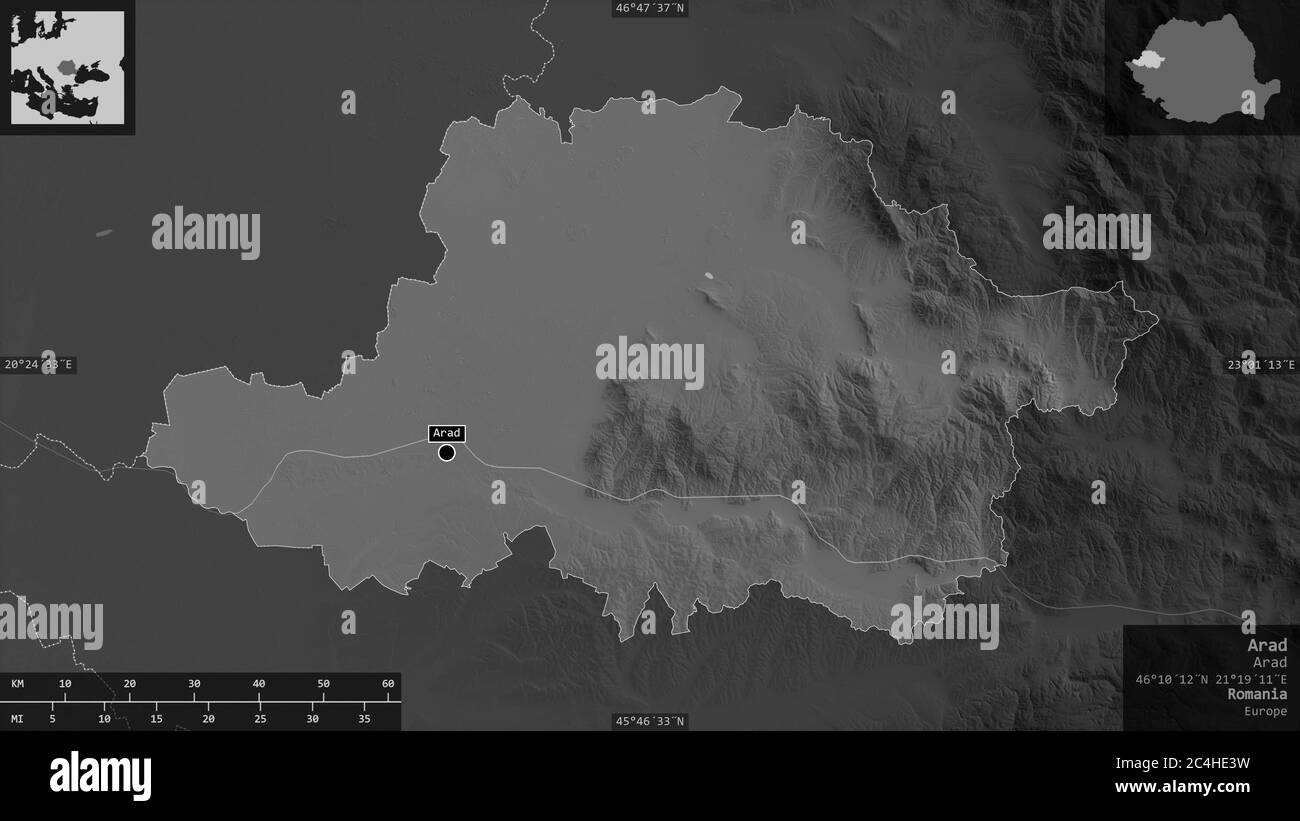 Arad, county of Romania. Grayscaled map with lakes and rivers. Shape ...