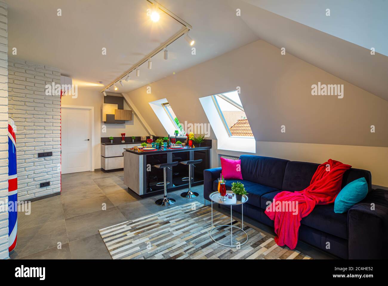 Modern loft interior of luxury studio apartment. Sloping ceiling with ...