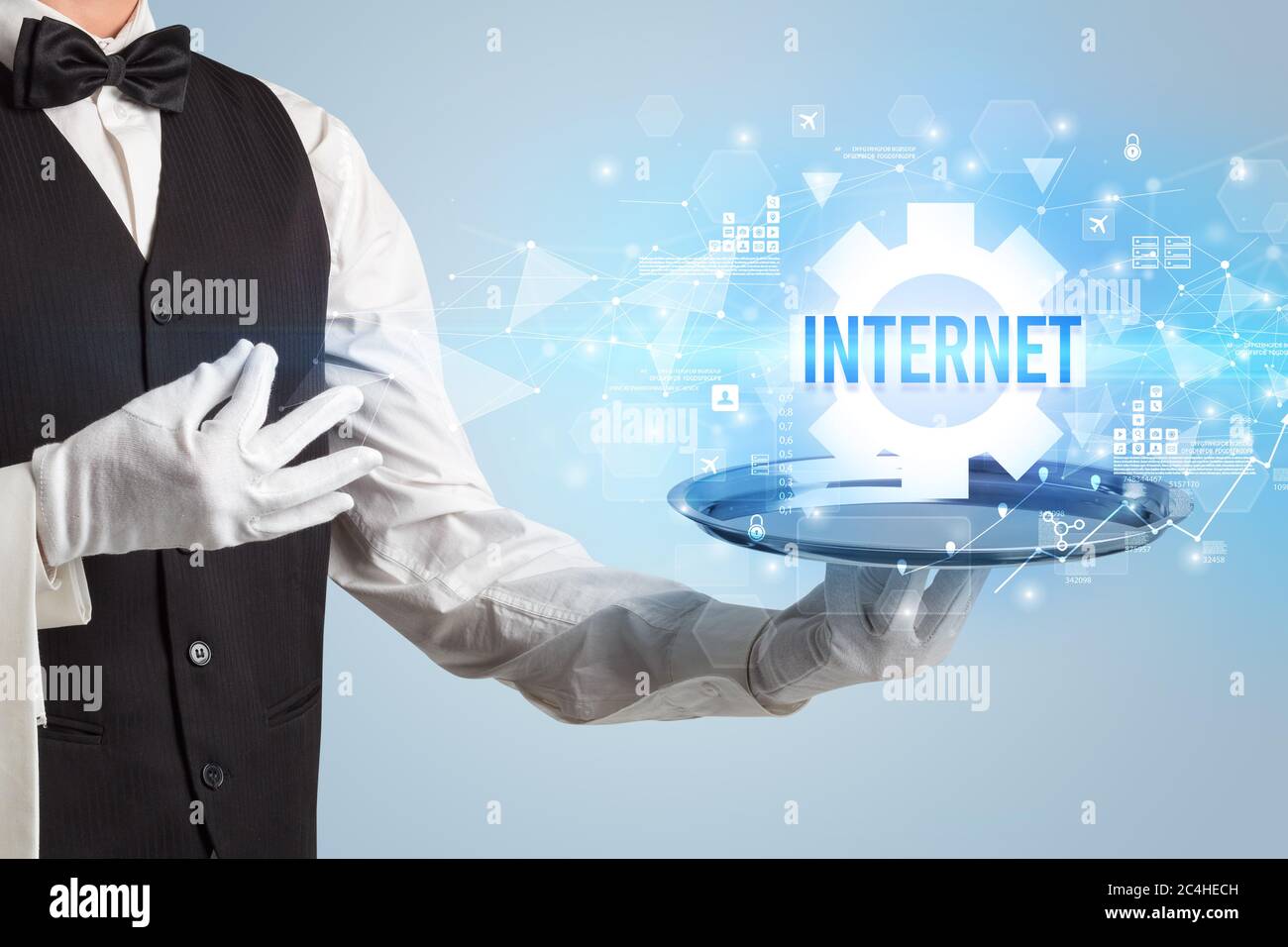 Waiter serving new technology concept with INTERNET inscription Stock ...