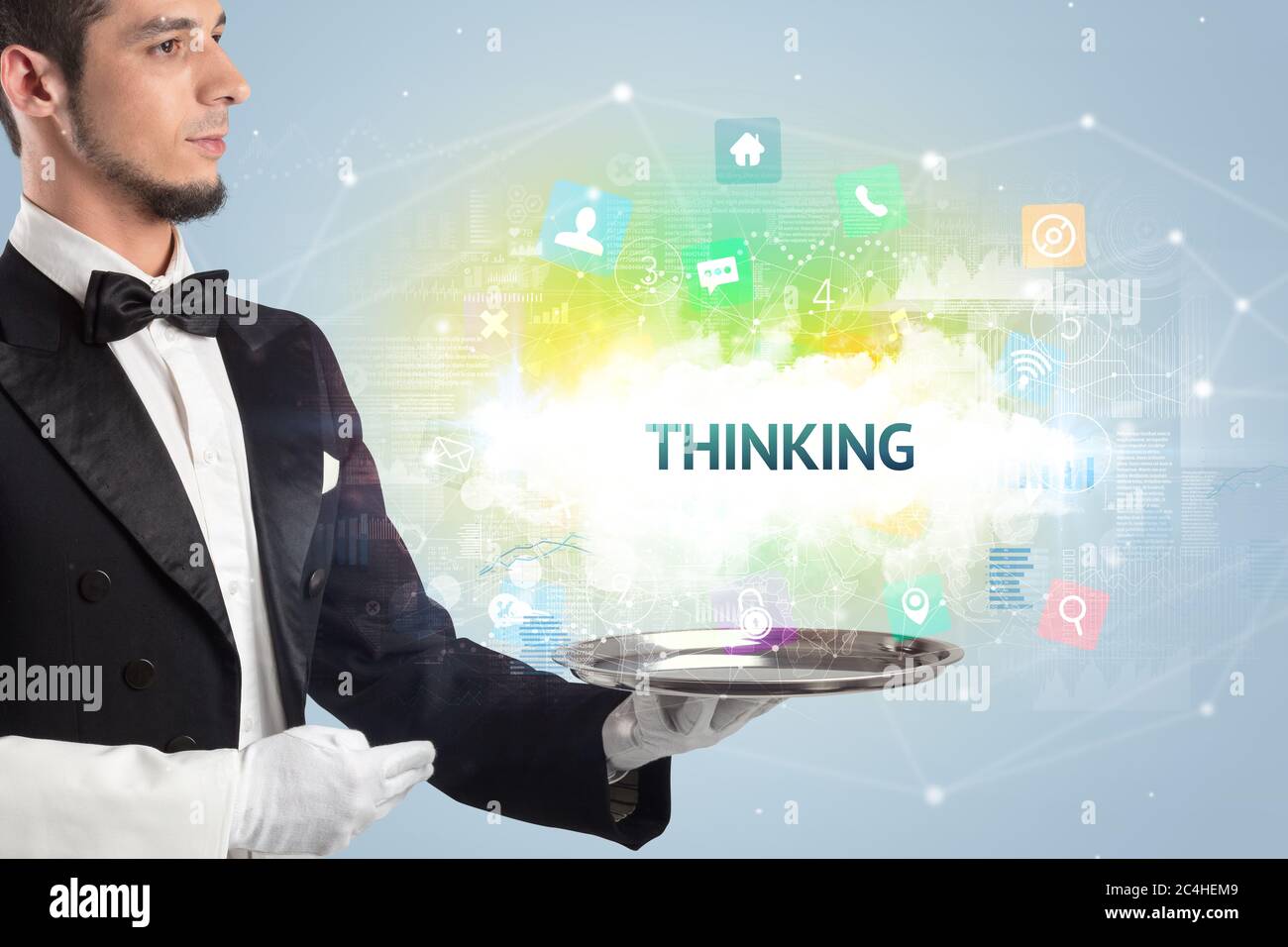 Waiter serving social networking concept with THINKING inscription ...