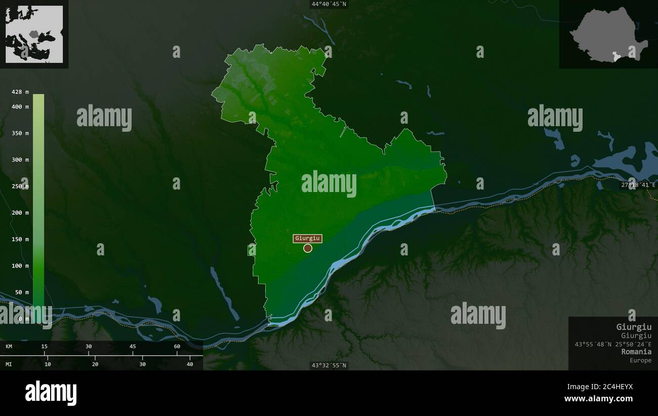 Giurgiu, county of Romania. Colored shader data with lakes and rivers ...