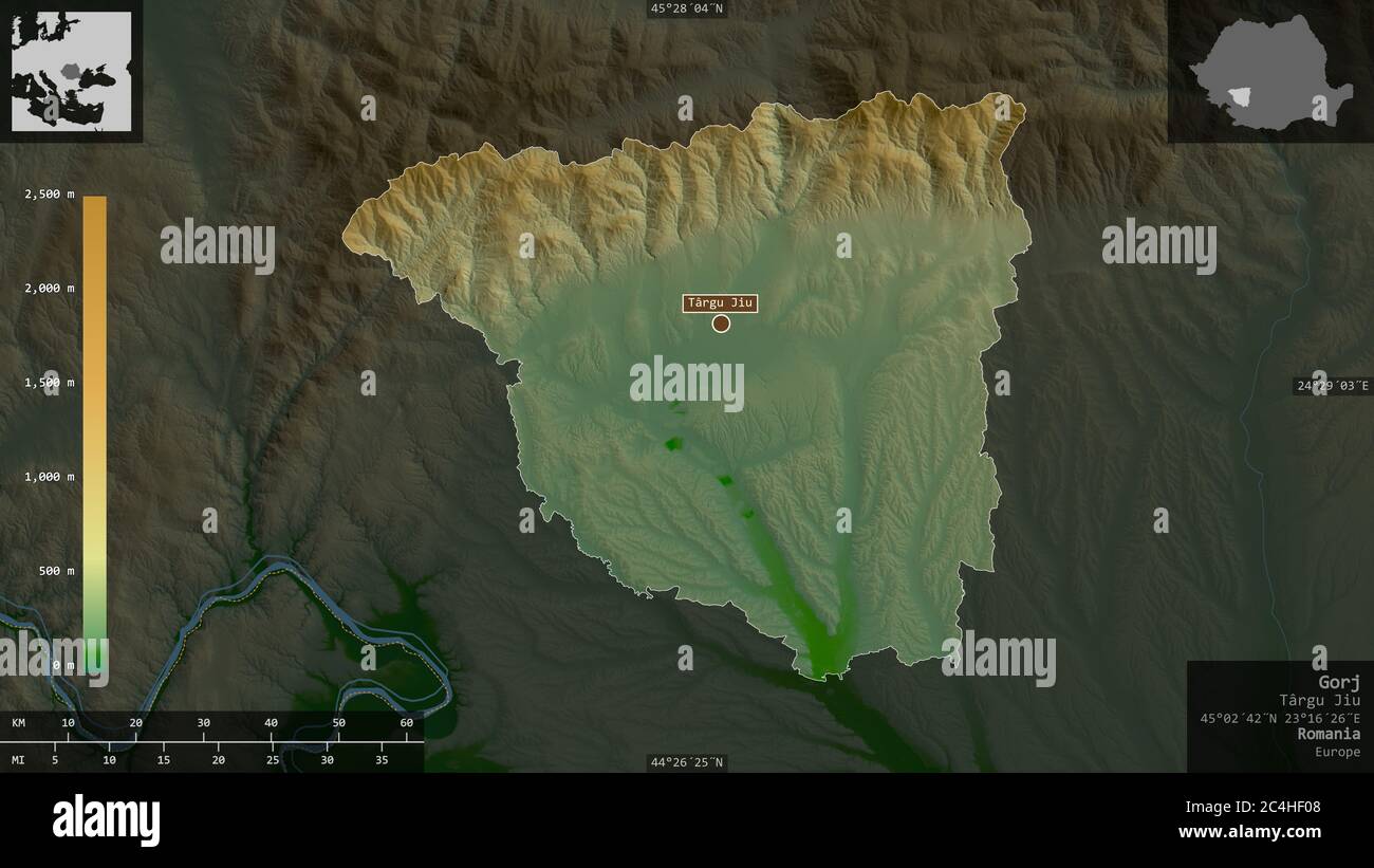 Gorj, county of Romania. Colored shader data with lakes and rivers ...