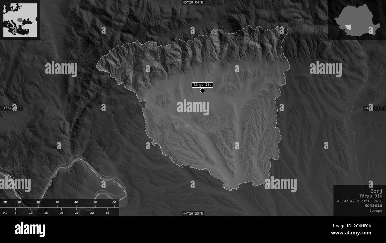 Gorj, county of Romania. Grayscaled map with lakes and rivers. Shape ...