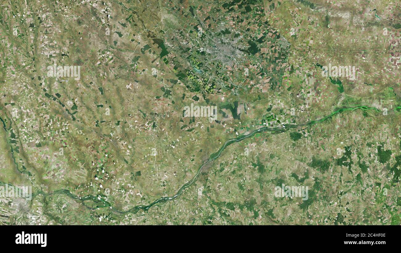 Giurgiu, county of Romania. Satellite imagery. Shape outlined against ...