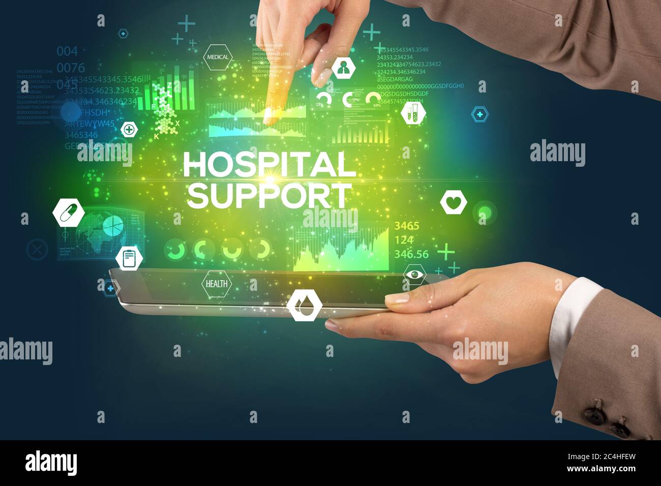 Close-up of a touchscreen with HOSPITAL SUPPORT inscription, medical ...