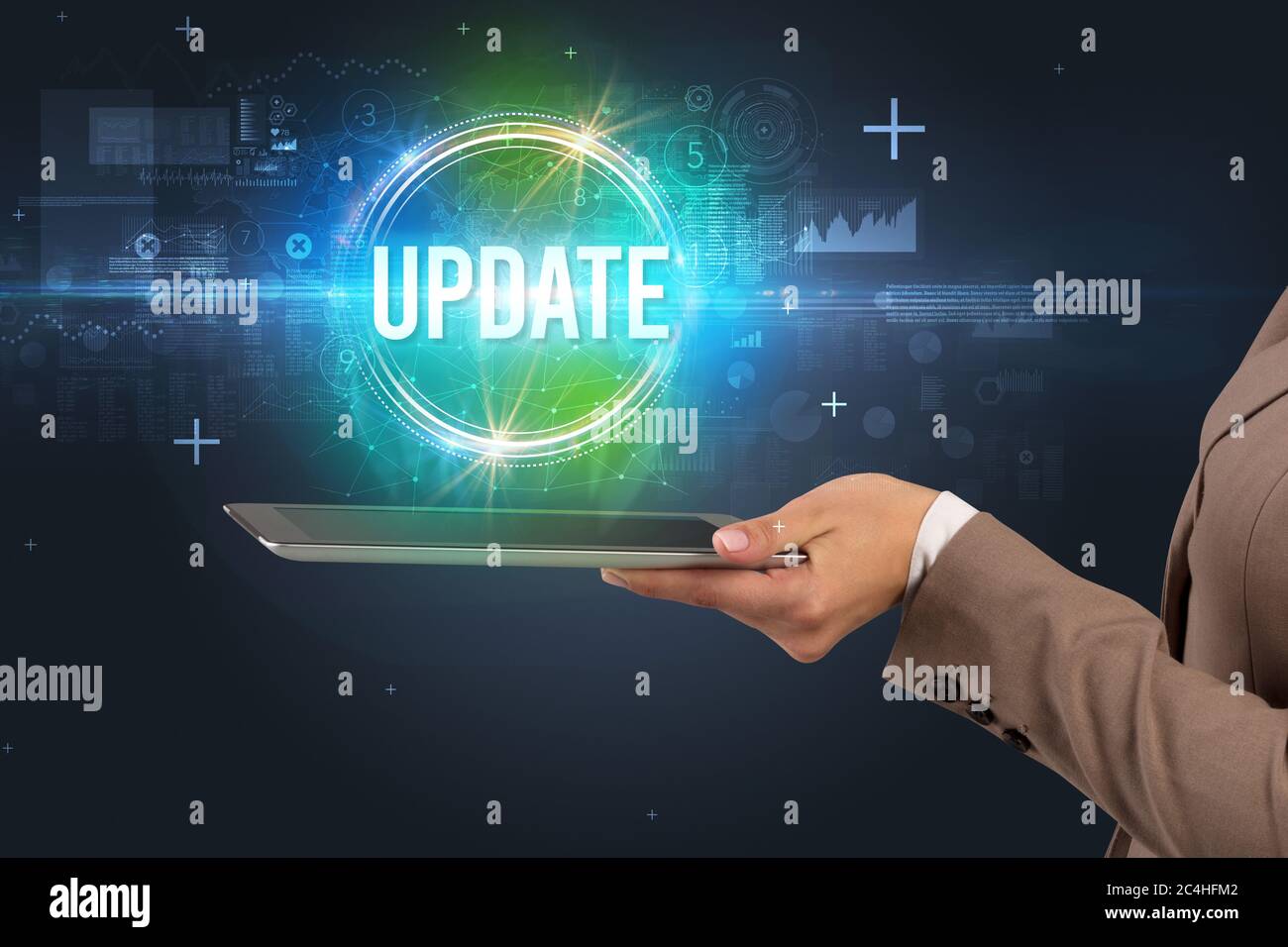 Close-up of a touchscreen with UPDATE inscription, new technology ...