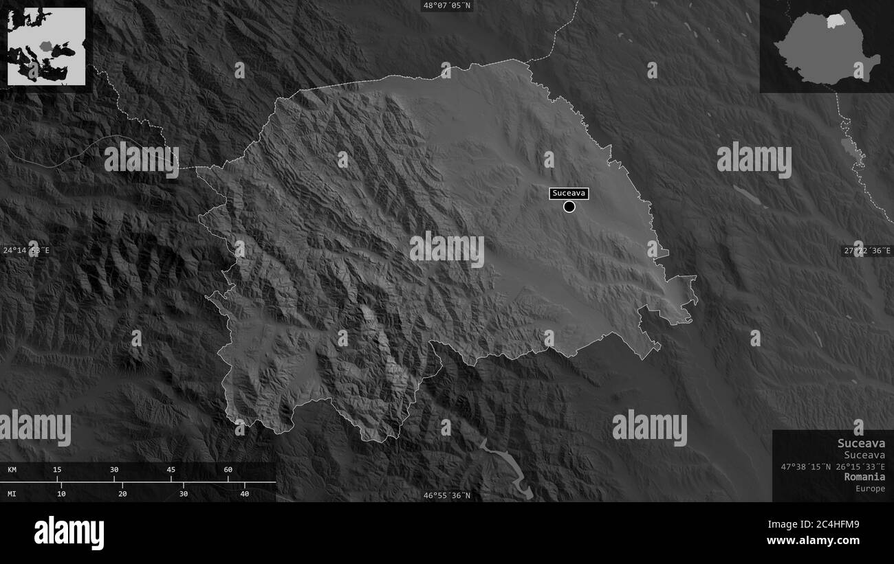 Suceava, county of Romania. Grayscaled map with lakes and rivers. Shape ...