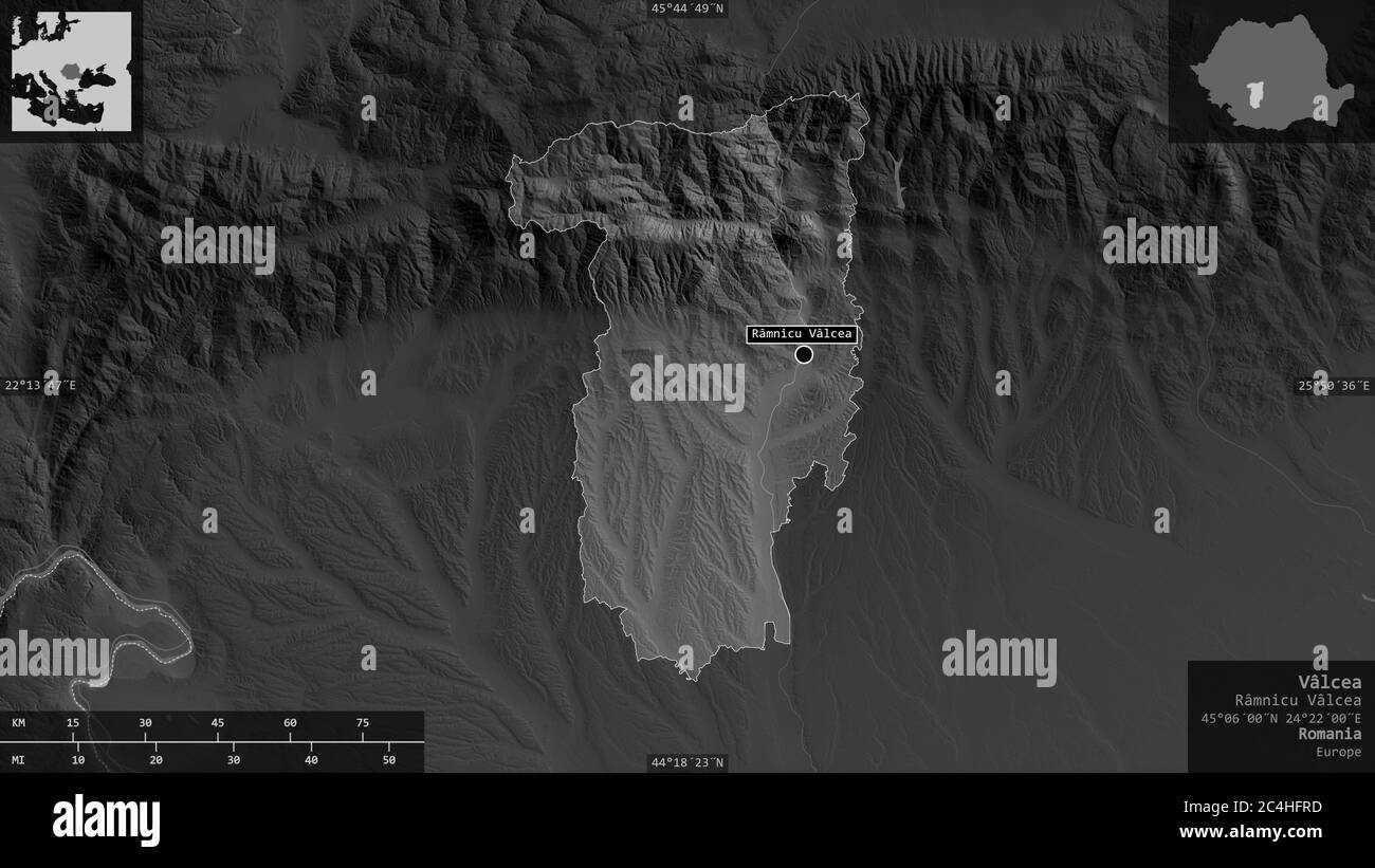 Vâlcea, county of Romania. Grayscaled map with lakes and rivers. Shape ...