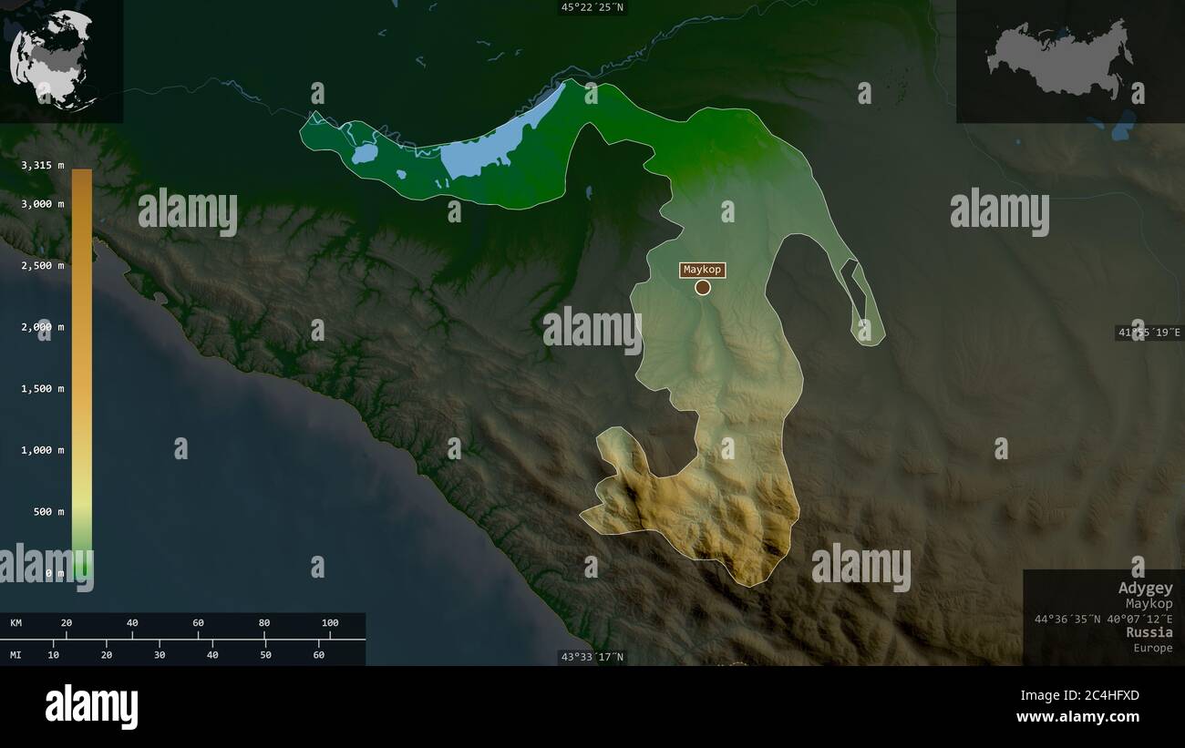 Adygey, republic of Russia. Colored shader data with lakes and rivers ...