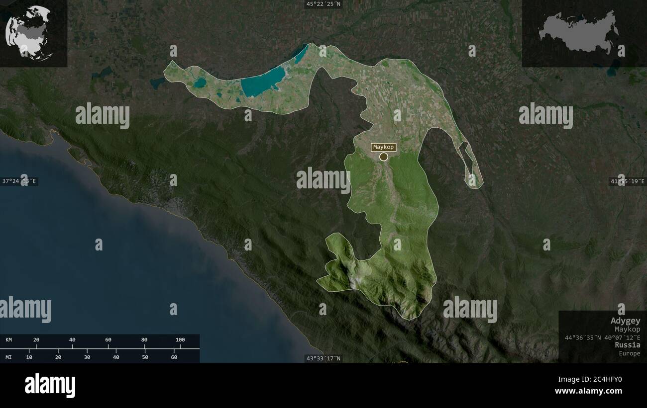 Adygey, republic of Russia. Satellite imagery. Shape presented against ...