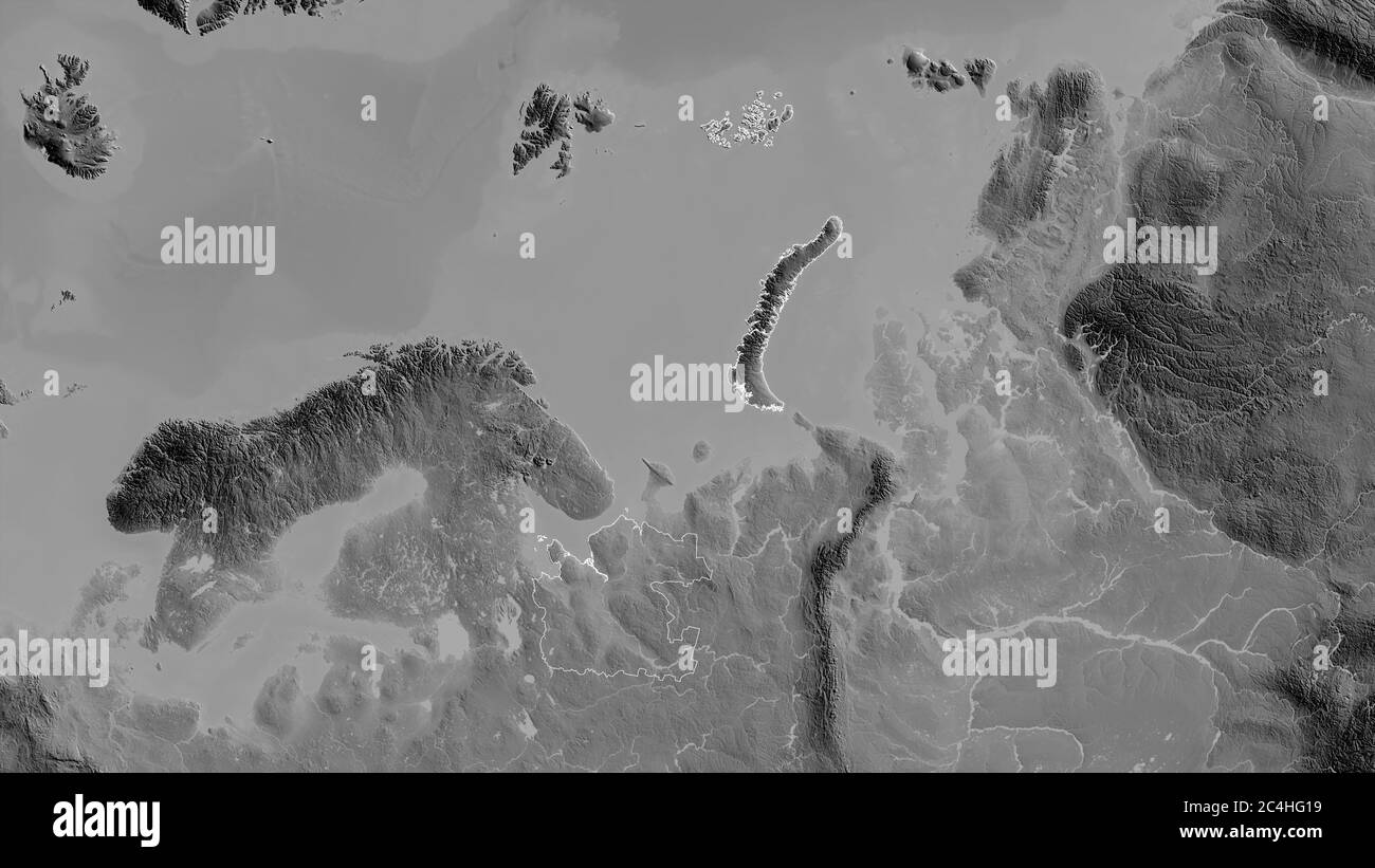 Arkhangel'sk, region of Russia. Grayscaled map with lakes and rivers. Shape outlined against its ...