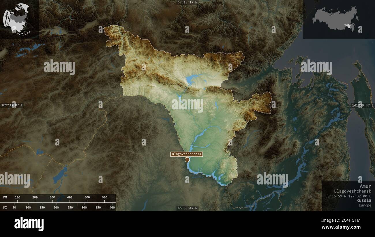 Amur, region of Russia. Colored relief with lakes and rivers. Shape ...