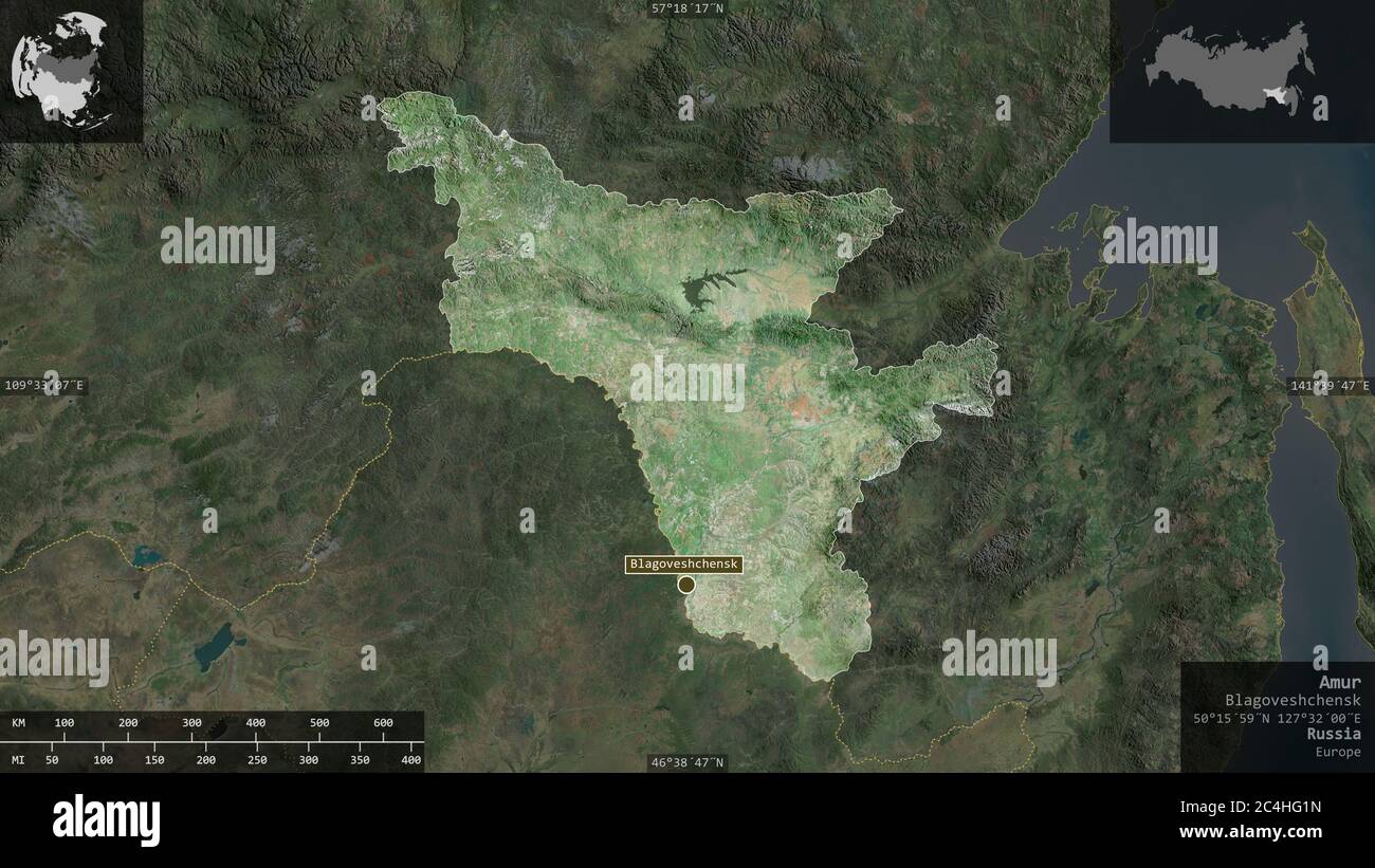 Amur, region of Russia. Satellite imagery. Shape presented against its ...