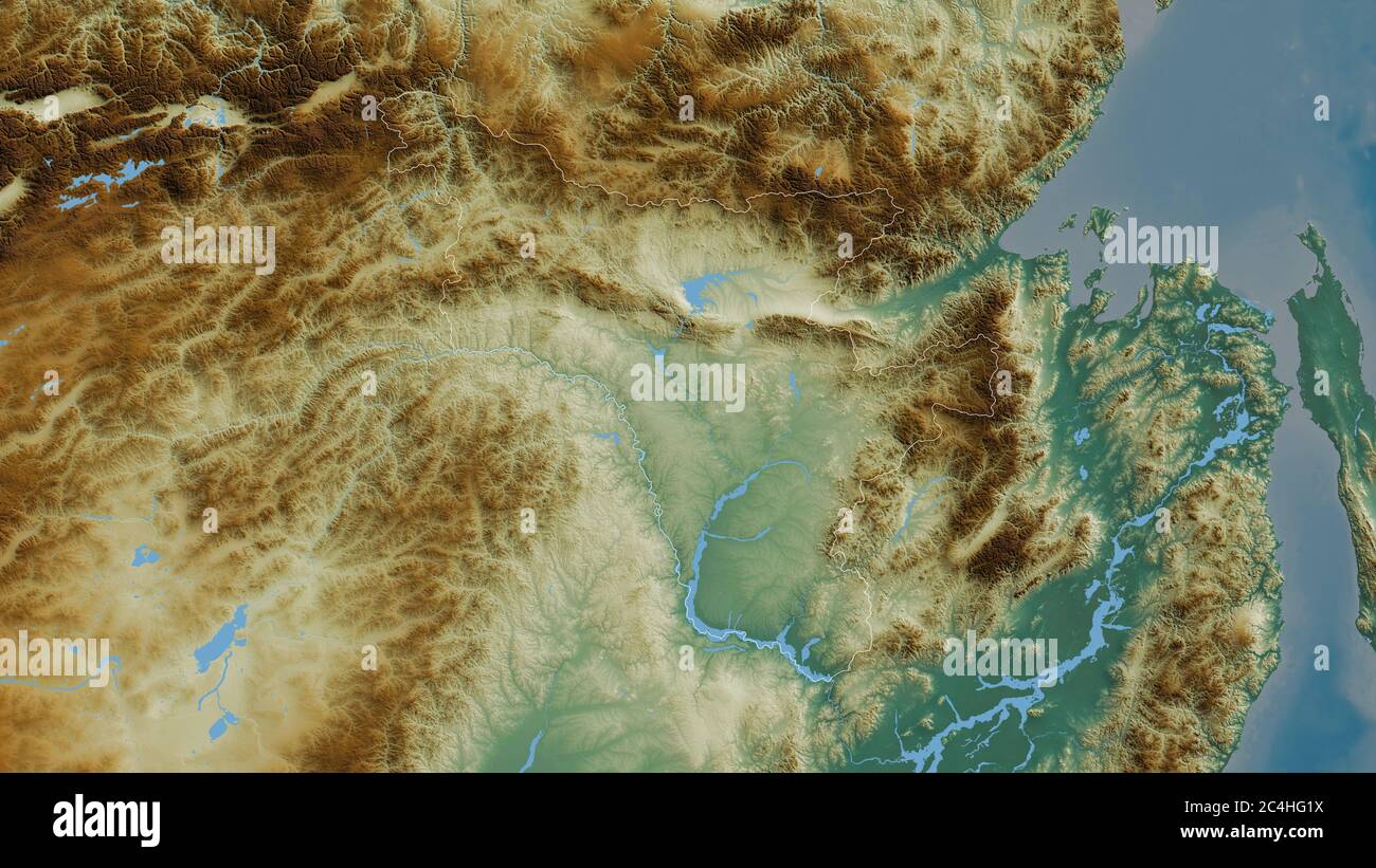 Amur, region of Russia. Colored relief with lakes and rivers. Shape ...