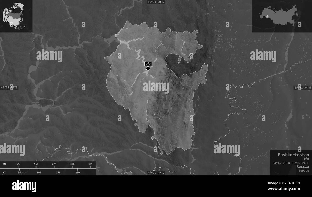 Bashkortostan, republic of Russia. Grayscaled map with lakes and rivers ...