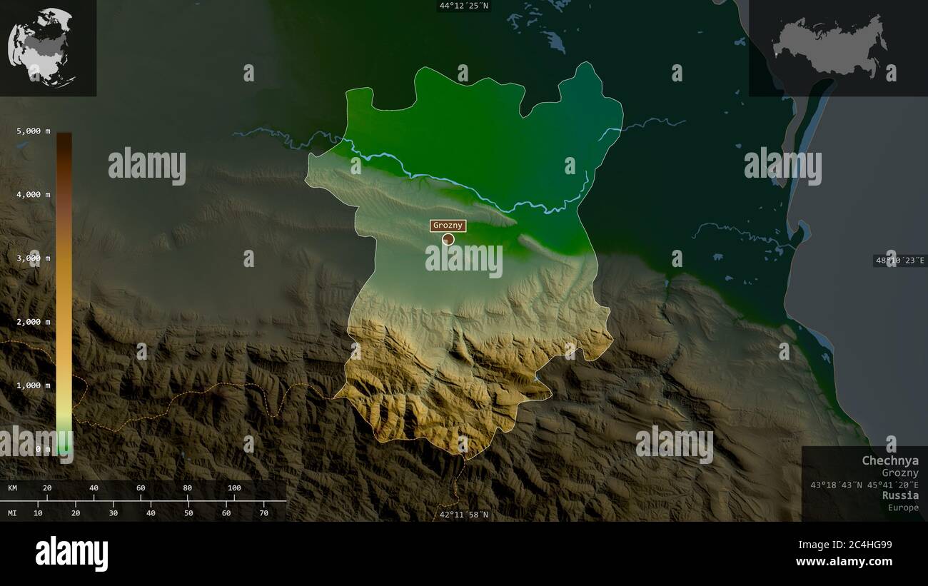 Chechnya, republic of Russia. Colored shader data with lakes and rivers ...