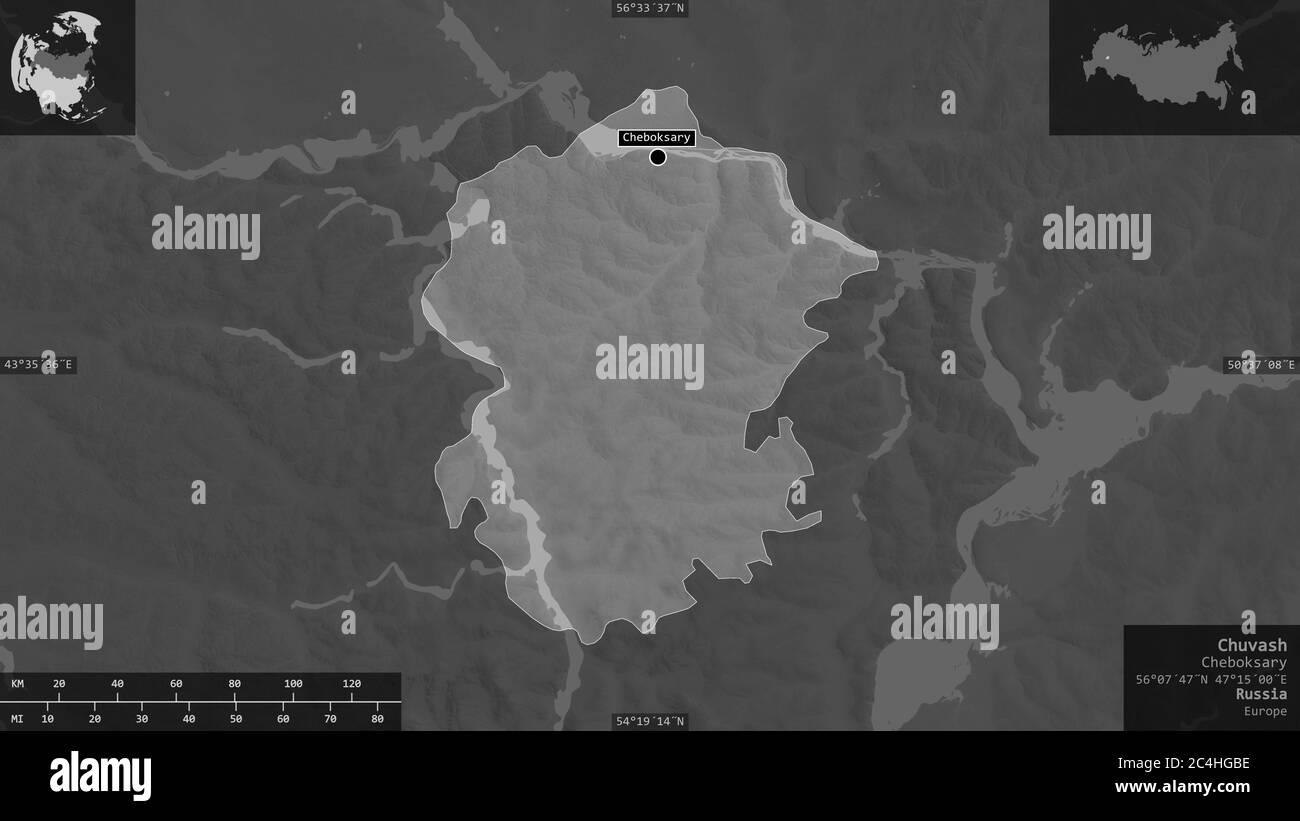 Chuvash, republic of Russia. Grayscaled map with lakes and rivers ...