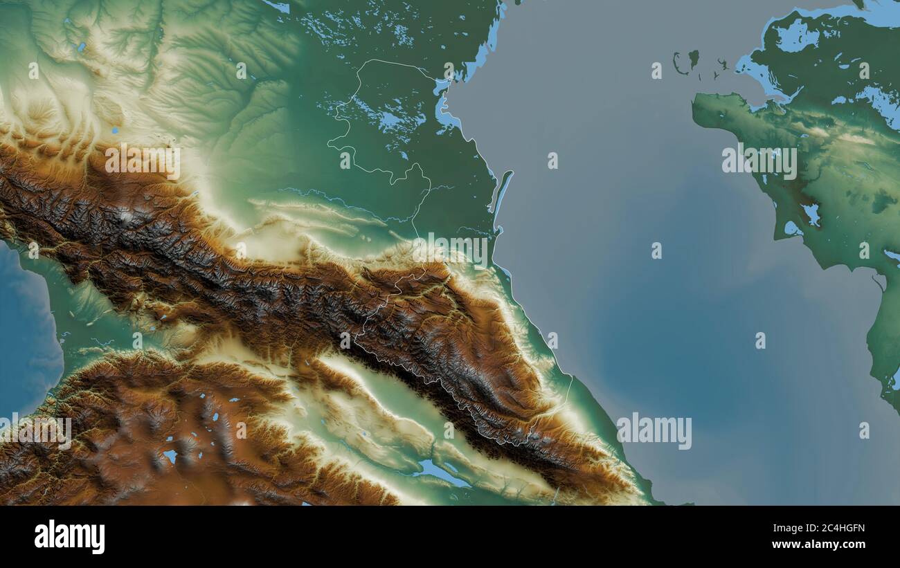 Dagestan, republic of Russia. Colored relief with lakes and rivers ...