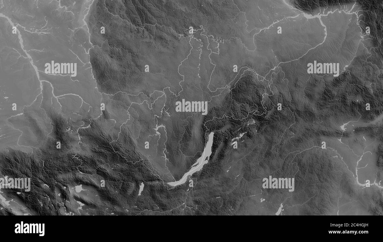 Irkutsk, region of Russia. Grayscaled map with lakes and rivers. Shape ...