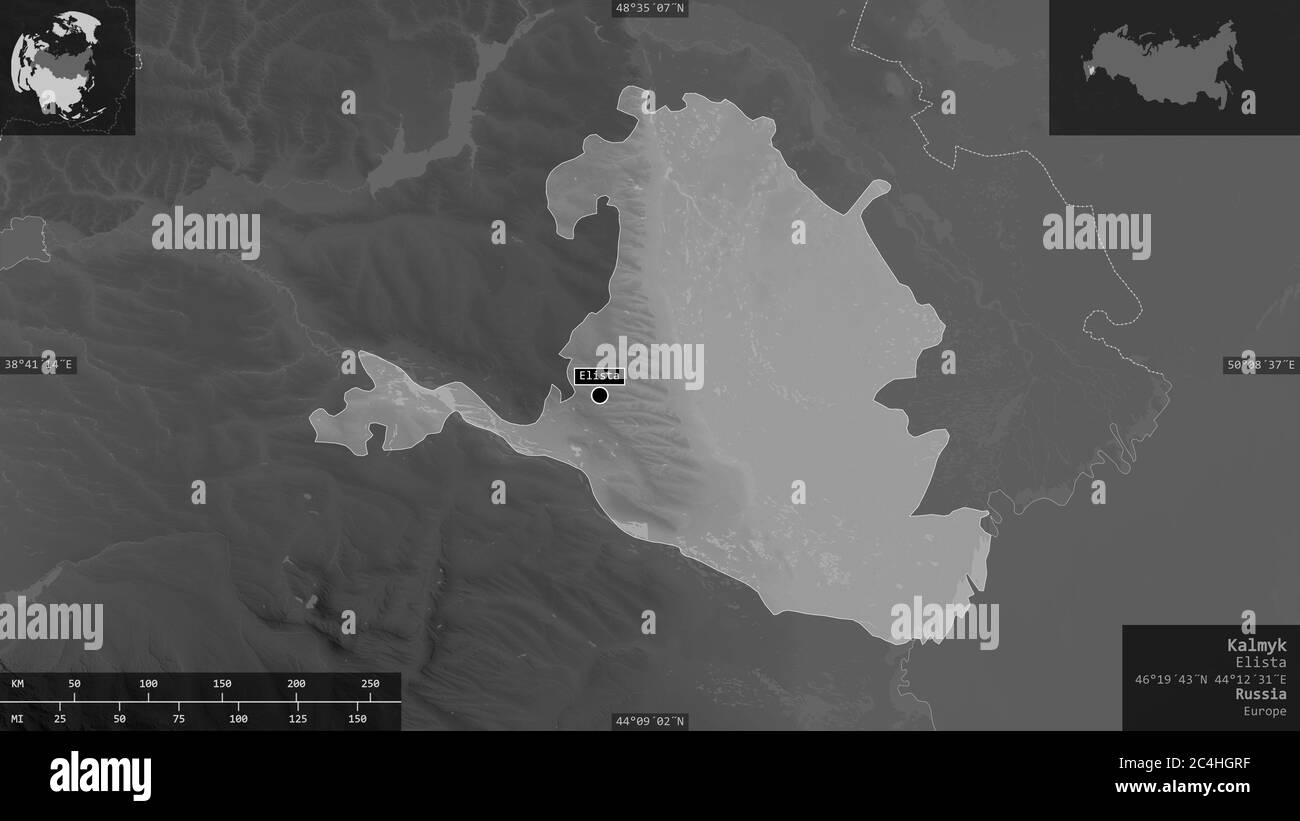 Kalmyk, republic of Russia. Grayscaled map with lakes and rivers. Shape ...